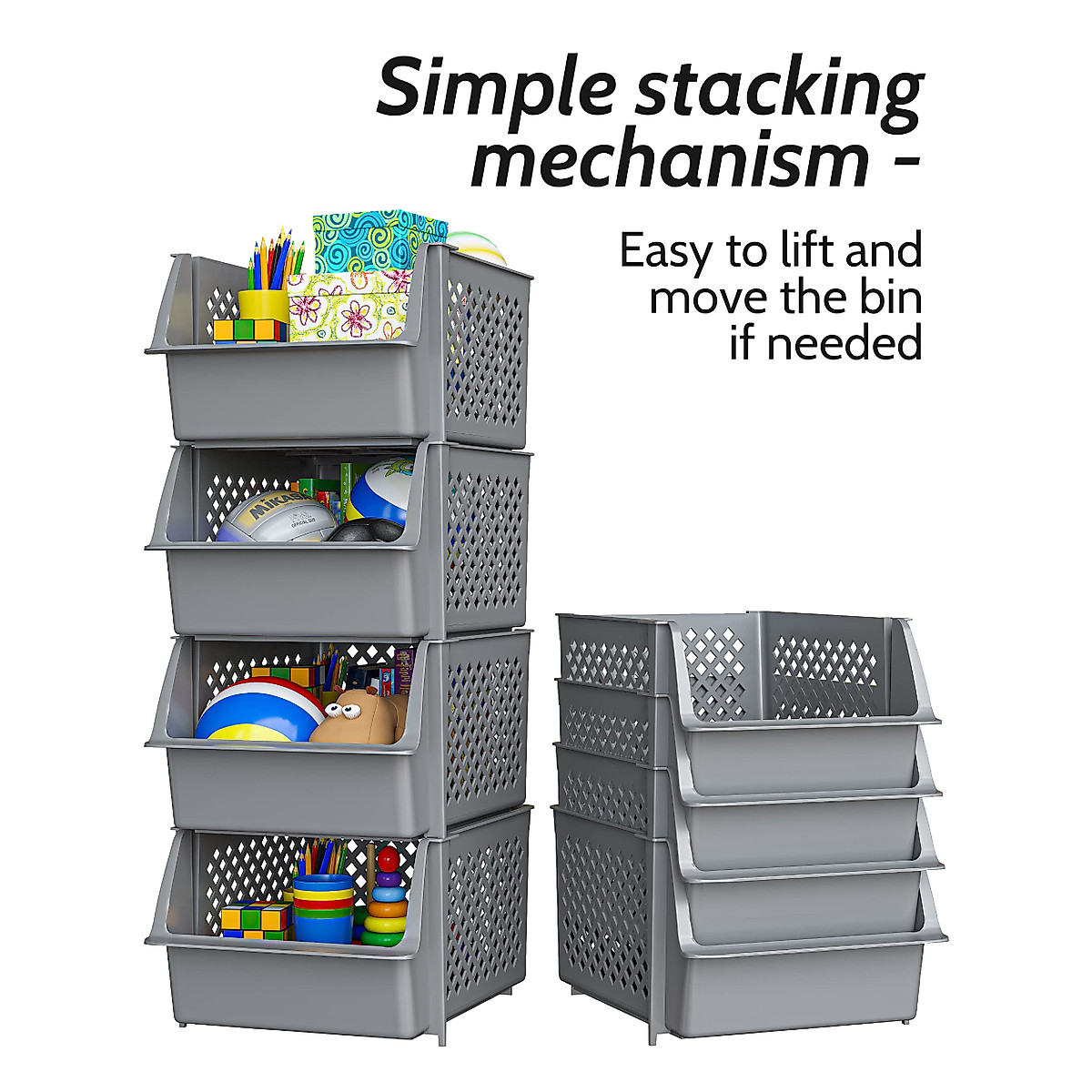 Skywin Stackable Storage Bins for Pantry - 8 Pack Stackable Bins For Organizing Food, Kitchen, and Bathroom Essentials (Grey)