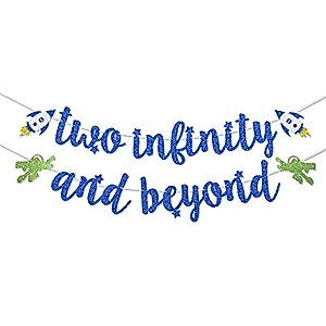Dark Blue Glitter Two Infinity and Beyond Banner Pre-strung for Kids' 2nd Birthday Party Decorations