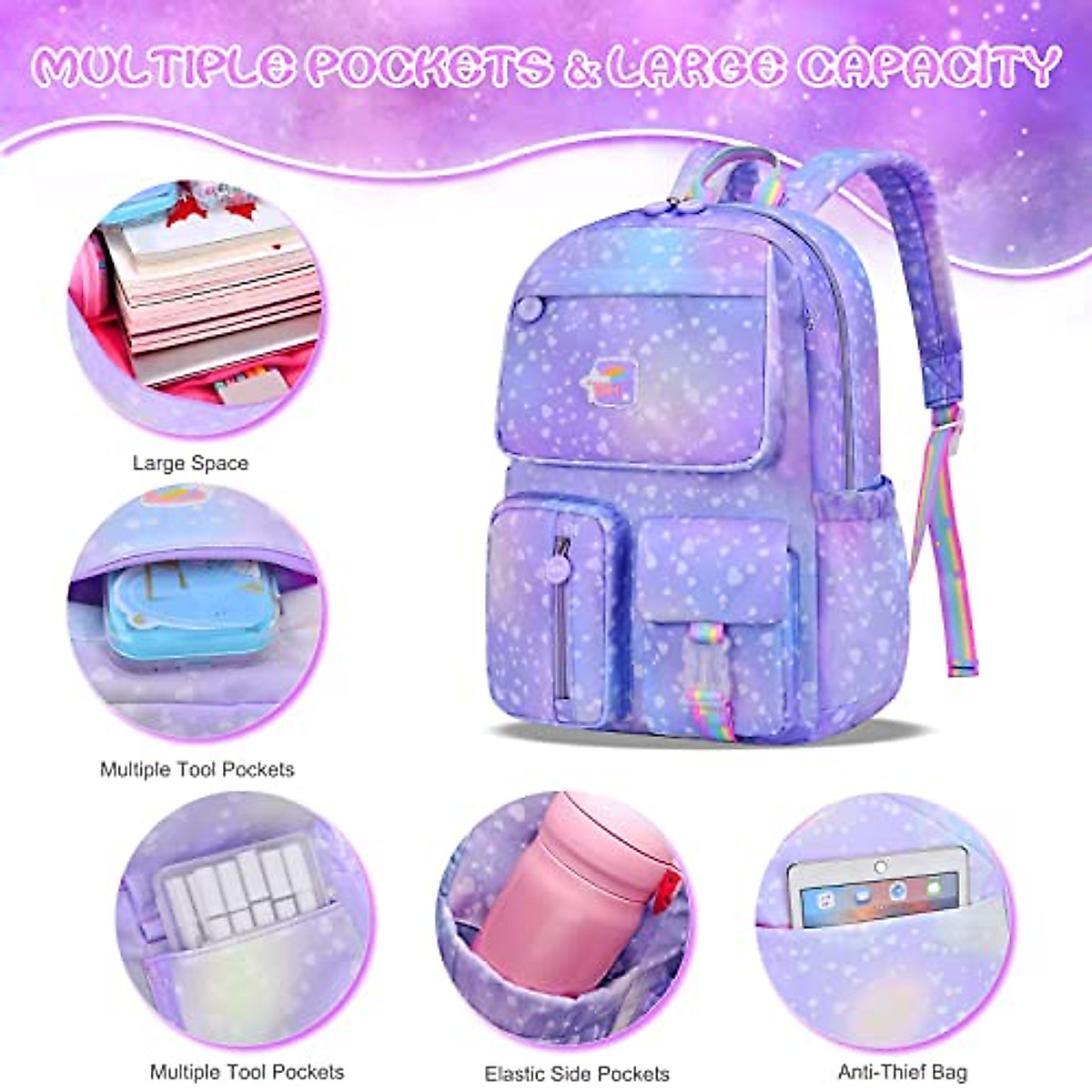 School Backpacks for Teen Girls Laptop Backpack with Lunch Bag，Cute waterproof Travel Bookbags Purple