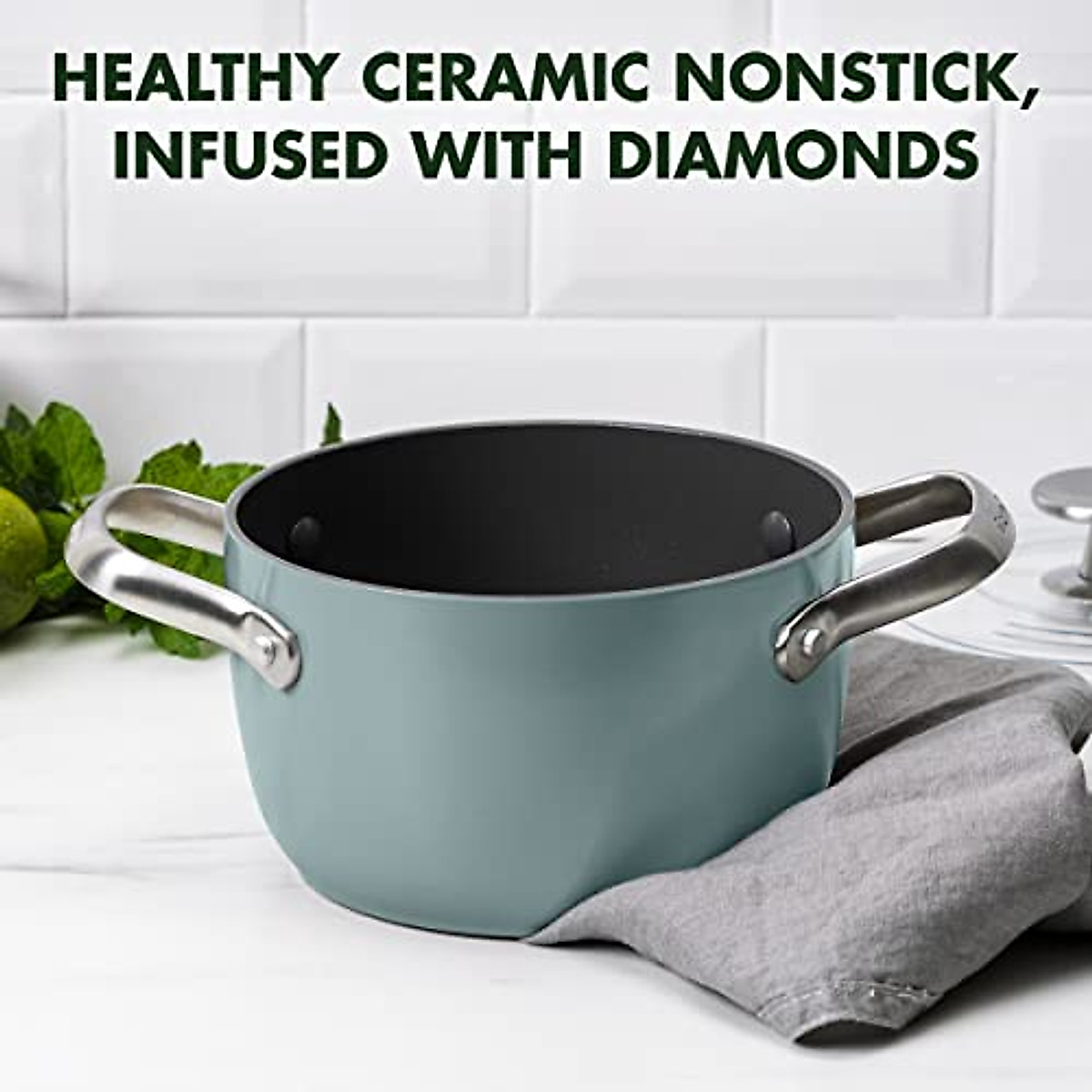 GreenPan Healthy Ceramic Nonstick, 2QT Rice Grains and Soup Maker, Caldero Pot with Lid, PFAS-Free, Induction, Dishwasher Safe, Oven Safe, Smokey Blue