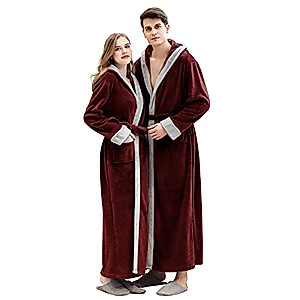 Hellomamma Mens Long Robes with Hood Full Length Hooded Bathrobe Fleece Plush Fluffy Housecoat Nightgown Wine Red