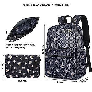 Kouxunt Daisy Mesh Backpack for Girls Women, See Through Casual School College Student Bookbag (Black)