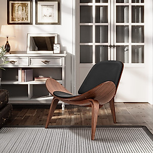 Furgle Mid Century Modern Chair Tripod Design Shell Chair with Black PU Leather Plywood Solid Wood Cute Accent Chair for Living Room, Reading Side Chair for Bedroom, Study, Office