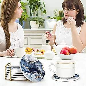 6 Pcs Abstract Blue Marble Ceramic Coasters with Holder Best Absorbent Drink Coasters Round Ceramic Table Coasters Set Decorative Coffee Cup Beverage Coasters Wine Beer Bar Coasters