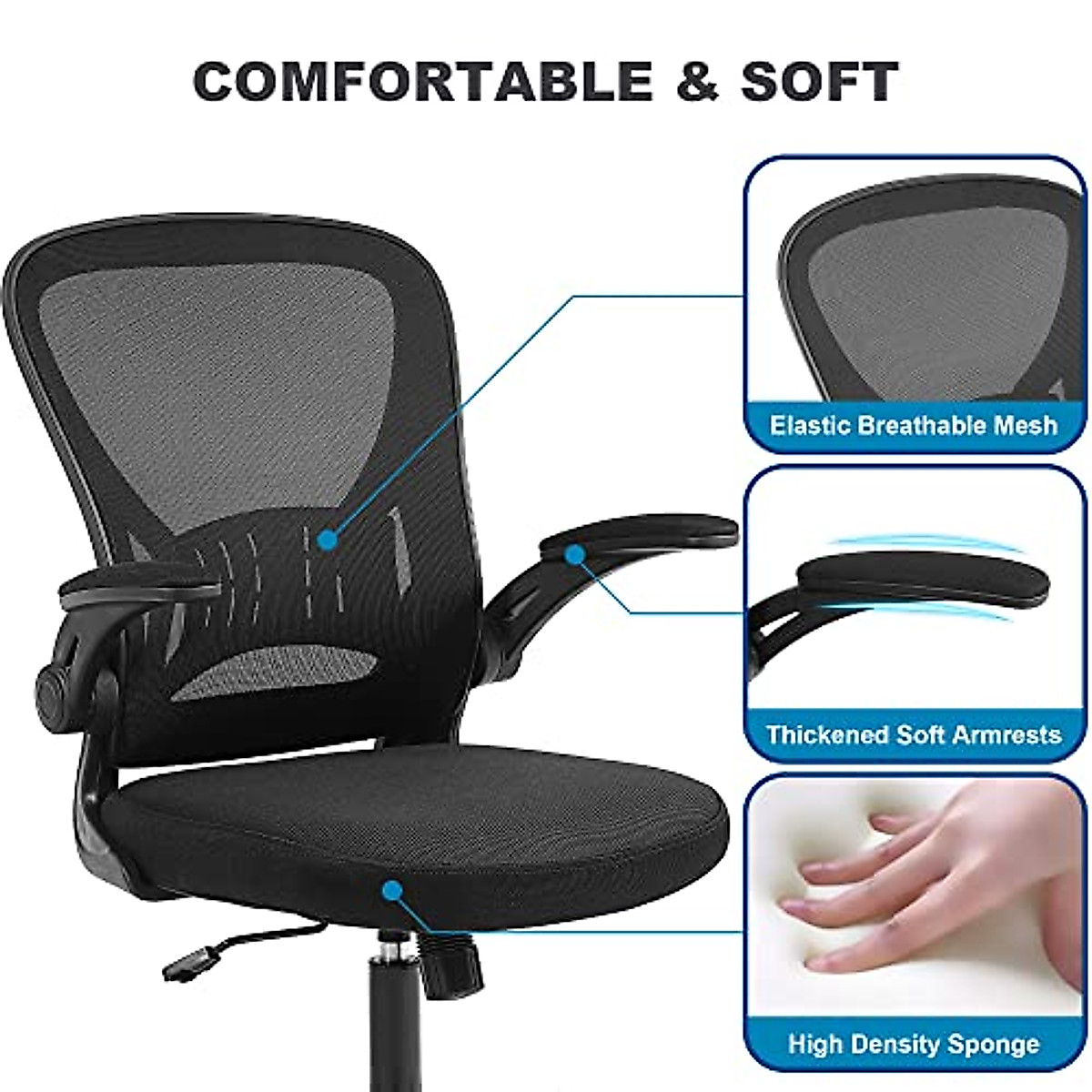 Youhauchair Mesh Office Chair, Ergonomic Computer Chair with Flip-up Arms and Lumbar Support, Height Adjustable Home Office Desk Chairs, Black