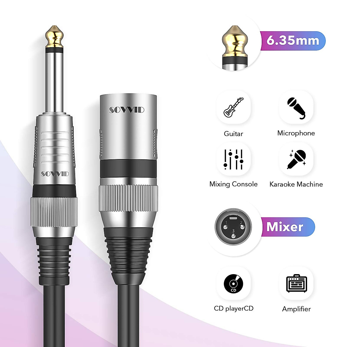 Sovvid 3FT XLR Male to 1/4 Cable 6.35mm Microphone Cord TS Mono 3 Pin Male to Quarter inch TS Male Unbalanced Interconnect Wire Mic Cord