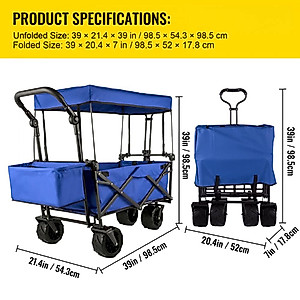 Utility Wagon with Canopy and Rear Storage - Collapsible Folding Garden Cart for Camping, Groceries, and Shopping - Blue