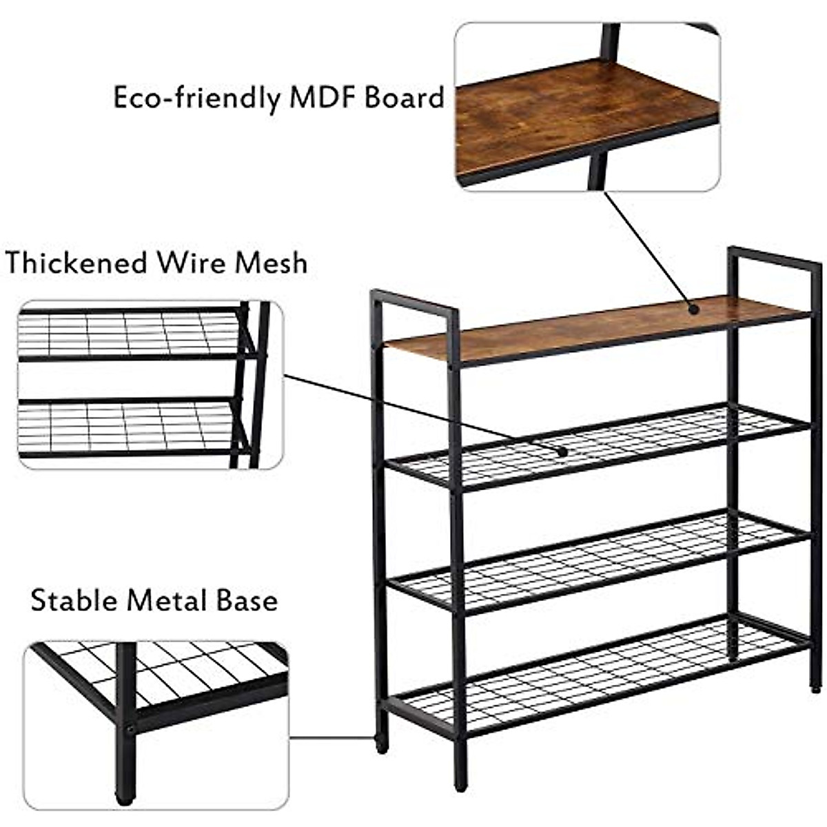 VECELO Shoe Rack Entryway Storage Stand with Removable Side Pockets, 4-Tier Organizer, Brown