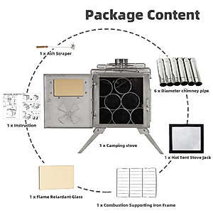 COEWSKE Wood Tent Stove, Hot Tent Stove Wood Burning Heater for Camping, Small Portable Ultralight Tent Stove Stainless Steel with Chimney Pipes for Outdoor, Camping, Cooking, Heating, Indoor
