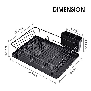 TOOLF Dish Drying Rack, Large Capacity Dish Rack, Dish Drainer with Cutlery Holder, Removable Drip Tray, Cup Holder, Compact Kitchen Drainers for Countertop, Black