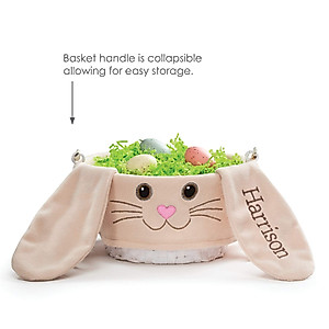 Personalized Easter Egg Basket with Handle and Custom Name in Brown Script | Floppy Ear Bunny Easter Basket Liners | White Basket | Woven Easter Baskets for Kids | Customized Easter Basket