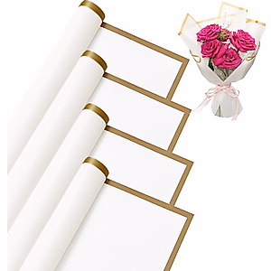 Unarty 20 Sheets White Flower Wrapping Paper, Waterproof Bouquet Wrapping Paper with Gold Edge, Floral Wrapping Paper Florist Bouquet Supplies for Flower Shop 22.8 x 22.8 Inch