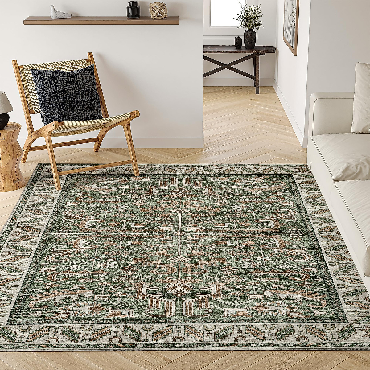Valenrug Washable Rug 6x9 - Ultra-Thin Antique Collection Area Rug, Stain Resistant Rugs for Living Room Bedroom, Distressed Vintage Rug(Green, 6'x9')