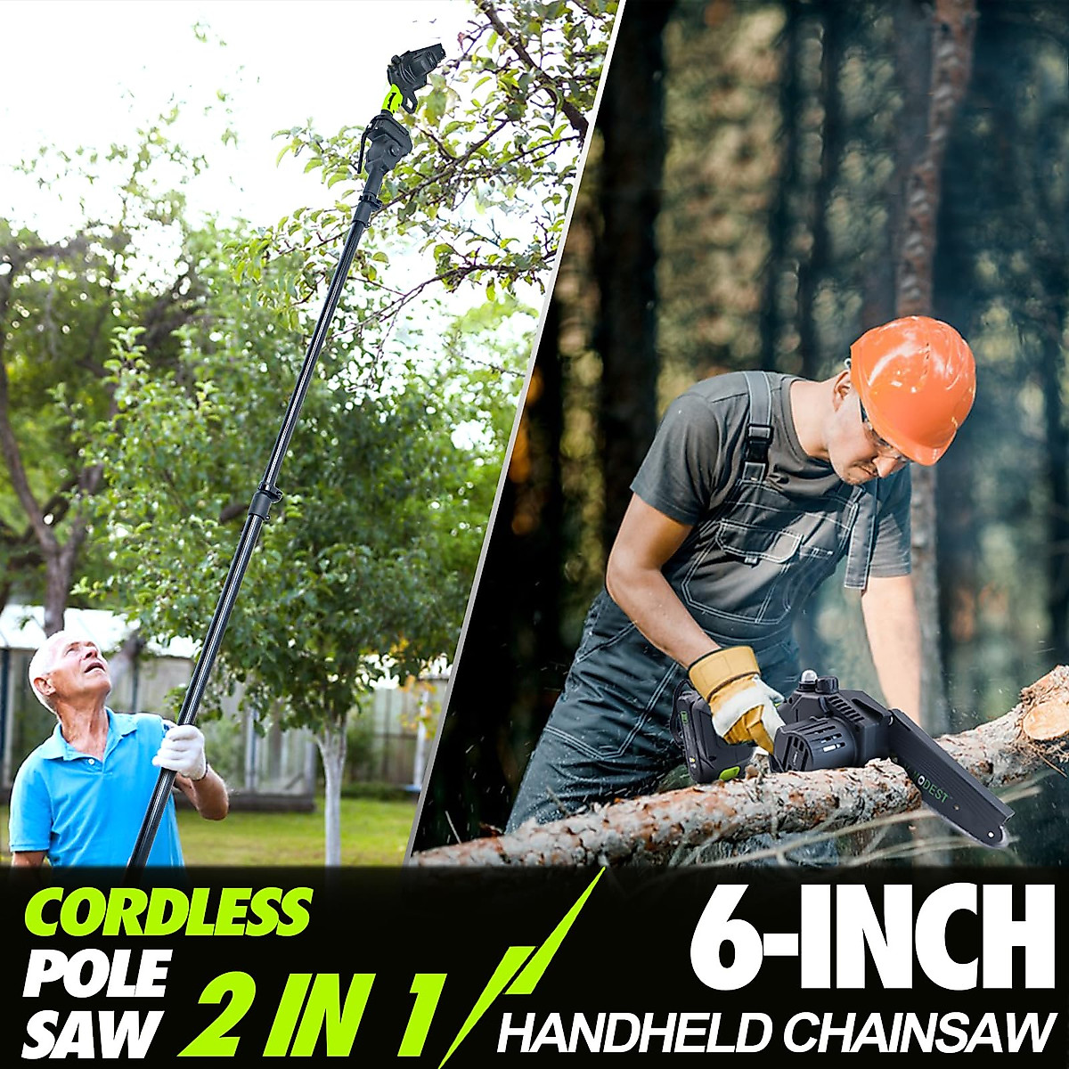V-MODEST 2-in-1 Cordless Pole Saw, 6 Inch Brushless Pole Chainsaws Mini Handheld Chainsaw with 2× 21V Batteries, 6.5lb Lightweight, Auto Oiling, 15 FT MAX Extension Pole Saws for Tree Trimming