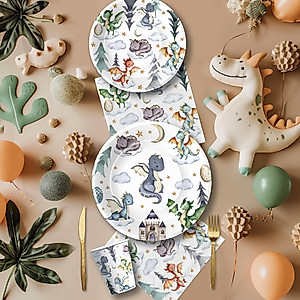 Suhelkit Dragon Birthday Party Supplies - Dragons Party Decorations Tableware, Paper Plate, Napkin, Cup, Cutlery, Magical Dragon Birthday Decorations, Dragon Baby Shower Table Decorations | 24 Guests