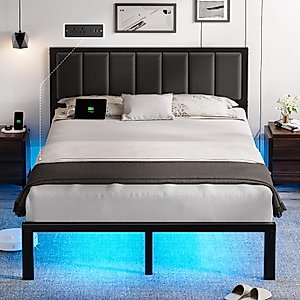 OLEVS Queen Bed Frame with Headboard Metal Platform Bed Queen Size with USB Charging Station and LED Lights, No Box Spring Needed