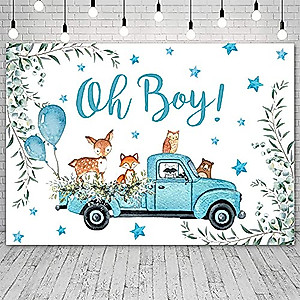 ABLIN 7x5ft Boy Baby Shower Woodland Theme Party Backdrop Oh Boy Blue Truck Balloons Green Leaves Cute Sika Deer Owl Fox Bear Photo Background Gender Reveal Party Decorations Props