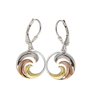 Yellow Rose Gold Plated tricolor on 925 sterling silver Hawaiian 15mm ocean wave leverback dangle earrings