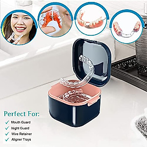 whoobell Denture Cup，Retainer Case,Cute Night Mouth Guard Box Holder, Storage Soak Container with Strainer basket for Travel Cleaning.(1 Pack,Blue)