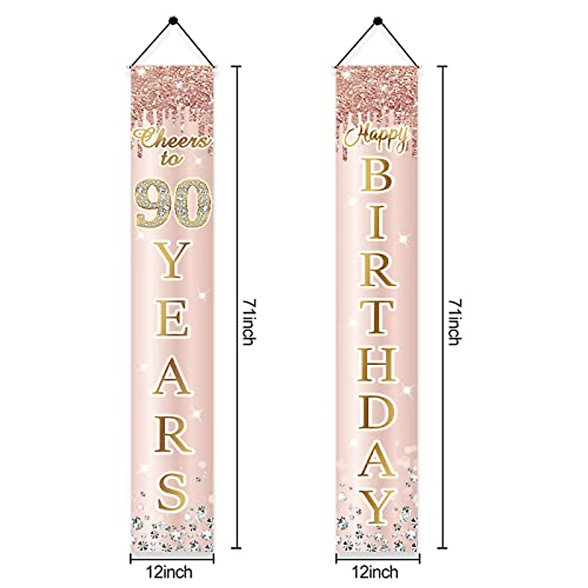 2Pcs 90th Birthday Banner Decorations for Women, Pink Rose Gold Happy 90 Birthday Sign Party Supplies, Cheers to 90 Years Birthday Backdrop Decor