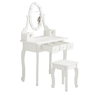 Volowoo Princess Makeup Desk and Chair Set,Vanity Set with Mirror and Stool, 5 Storage Drawers, Pretend Play Princess Makeup Desk Dressing Table and Stool Set for Little Girls, Macaroon White