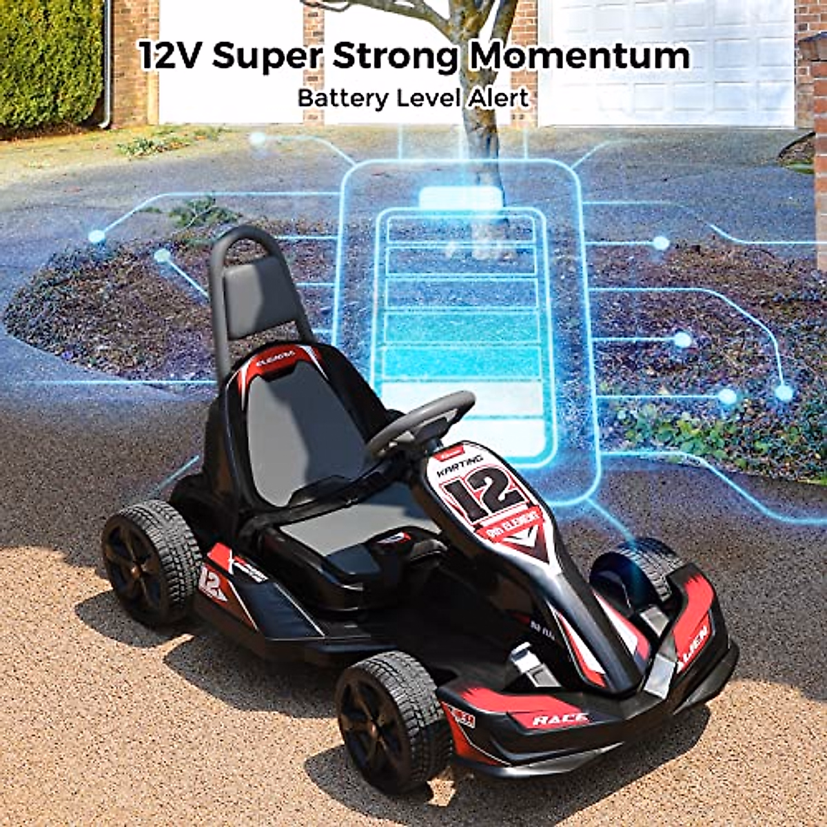 ELEMARA Electric Go Kart for Kids, 12V 7AH 2WD Battery Powered Ride On Cars with Remote Control for Boys Girls,Vehicle Toy Gift with 2 Level Adjustable Seat,Safety Belt,USB Port,Horn