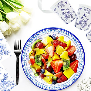 60Pcs Blue White Floral Party Supplies Flower Tableware Set 7"Blue and White Paper Plates and Blue White Floral Napkin Fork for Bridal Shower Wedding Tea Party Floral Birthday Party Decoration Serve20