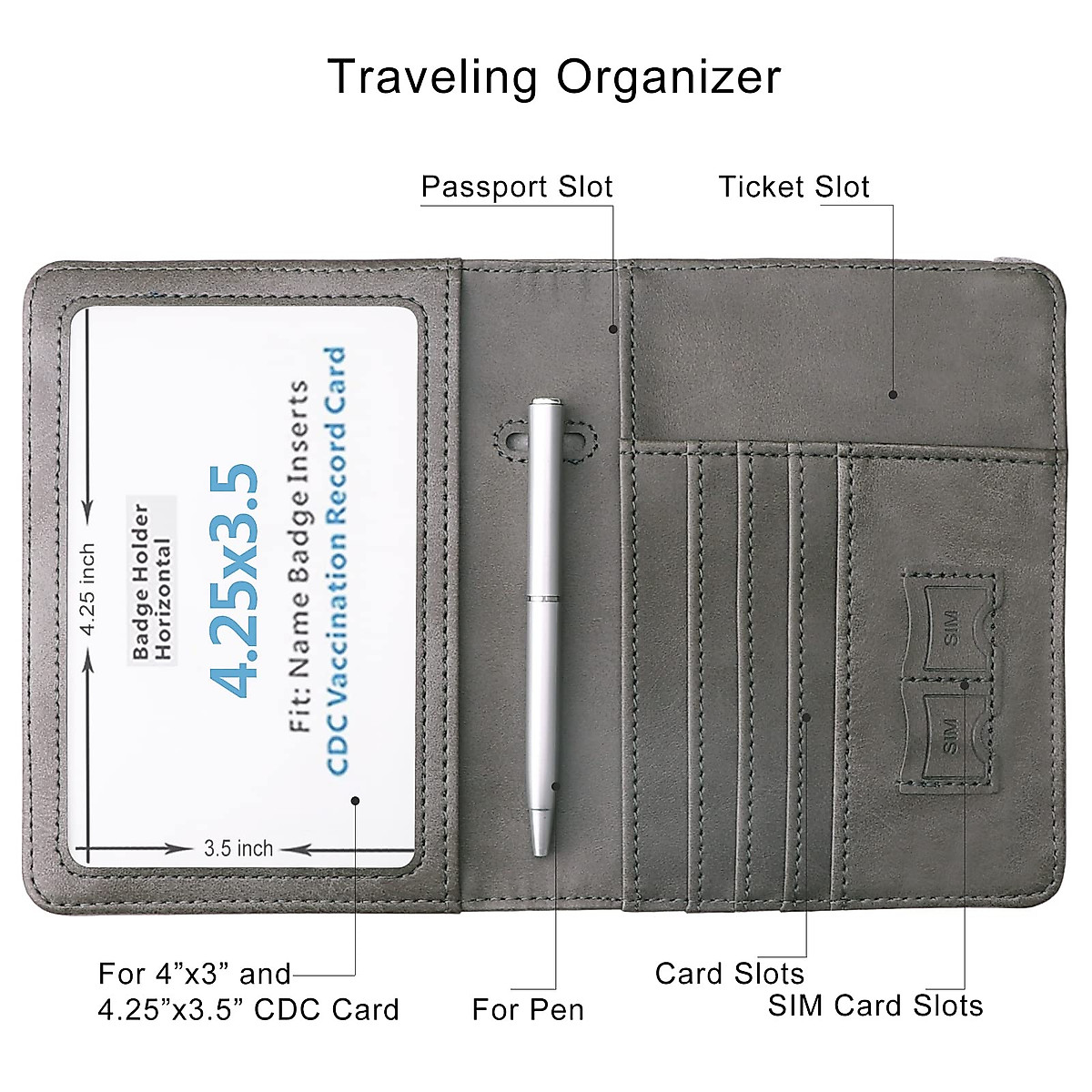 WALNEW Passport Holder Wallet, RFID Blocking Passport Cover Case PU leather Card Holder with Pen and Clear Card Slot for Women Men, Gray