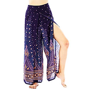 LOFBAZ Slit Leg Palazzo Yoga Pants for Women Girls Maternity Summer Beach Pajama High Waisted Boho Harem Pants Womens Clothing Peacock 1 Purple Gold L