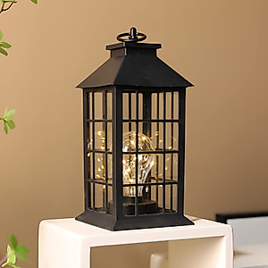 JHY DESIGN Waterproof Decorative Hanging Lantern 12''High Plastic Lantern Holder Battery Powered with LED Bulb and 6H Timer Lights for Balcony Garden Hallway Entryway Indoor Outdoor（Square Stripe）