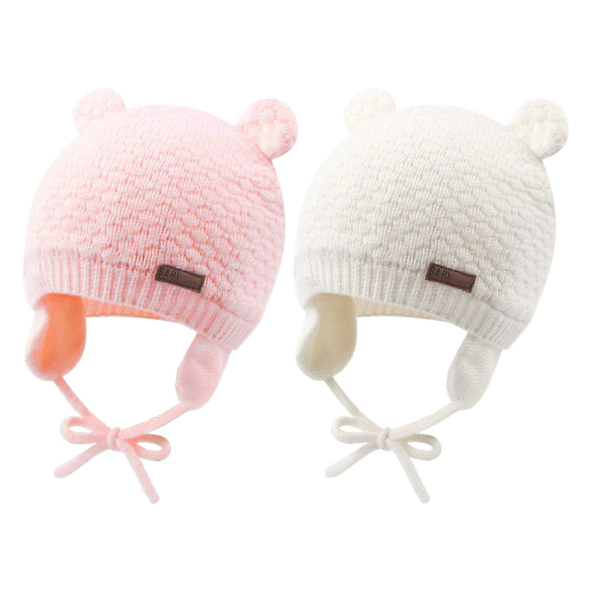 Duoyeree Kids Baby Hat Soft Warm Cable Knit Beanie Toddler Girl Fall Winter Hats (White and Pink, 6-12 Months)