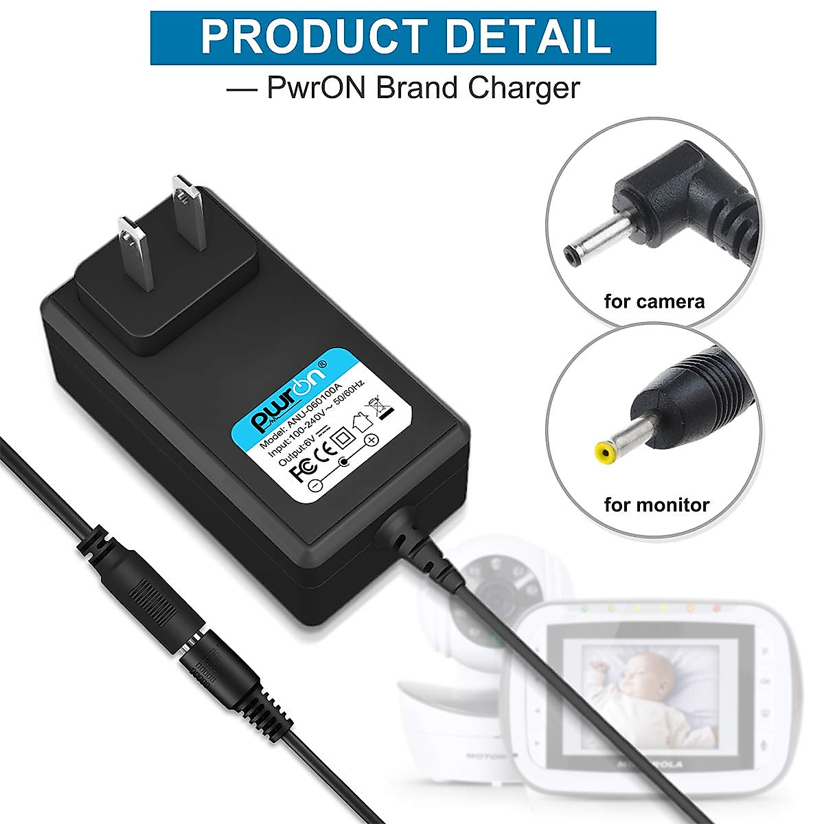 PwrON 6.6ft 6V AC DC Adapter Fits for Motorola MBP18 MBP-18 MBP41 MBP41PU MBP43PU MBP43 MBP26 MBP26PU MBP34 MBP33 MBP33PU MBP36 Video Baby Monitor & Camera Power Supply Cord (Parent & Baby Unit)