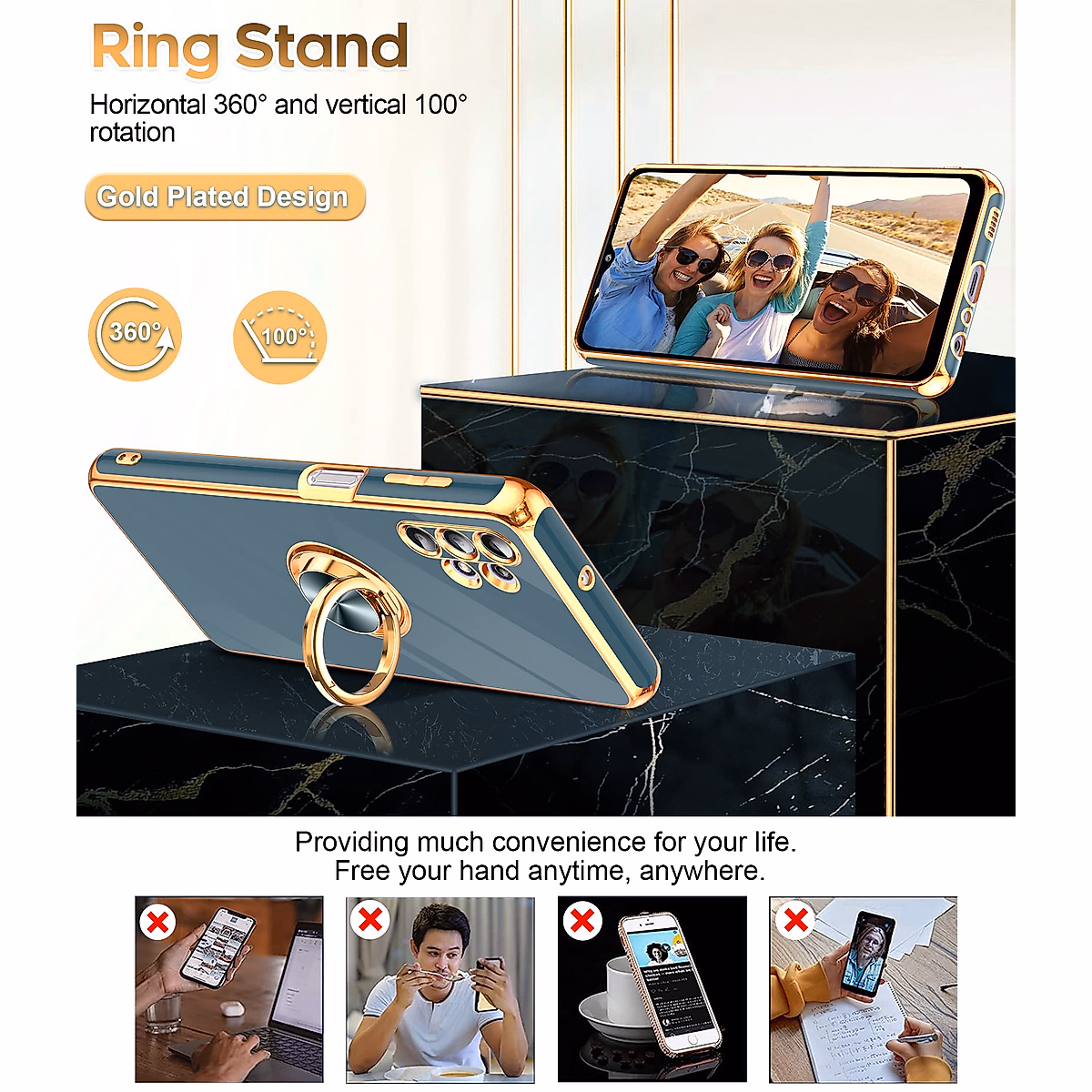 LeYi for Samsung Galaxy A32 5G Case with Tempered Glass Screen Protector [2 Pack] 360° Rotatable Ring Holder Magnetic Kickstand, Plating Rose Gold Edge Protective Case, Grey