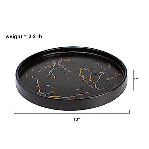 Decorative Ceramic Serving Tray for Coffee Table & Dining Table Centerpiece, 10'' Round Candle Holder Tray, Bathroom Kitchen Trays for Counter, Black & Marble Finish