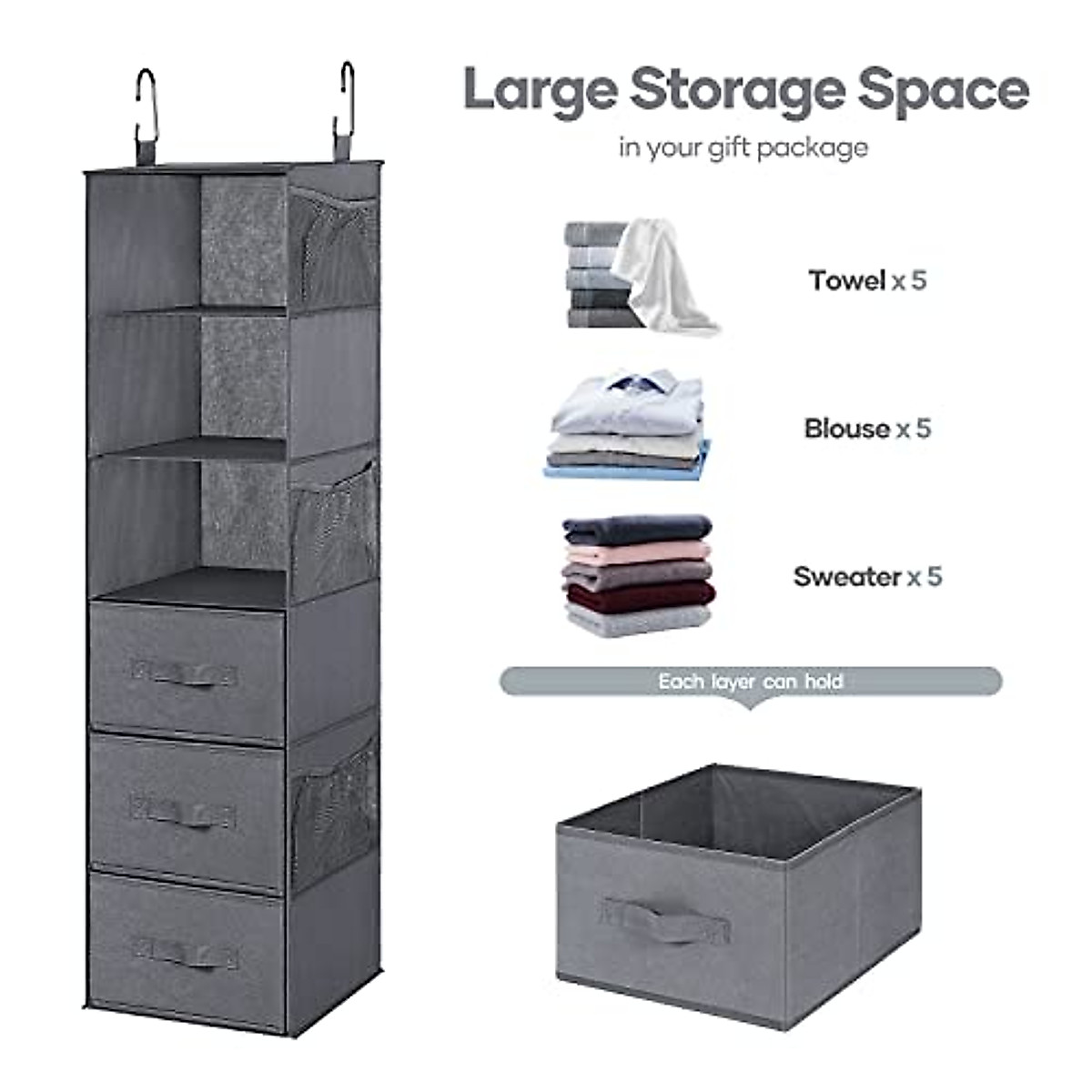 HAITRAL Hanging Closet Organizer - 6-Shelf Hanging Storage Shelves with 3 Drawers & Side Pocket - Multi-Function Foldable Cube Wardrobe for Home, Dorm, Apartment