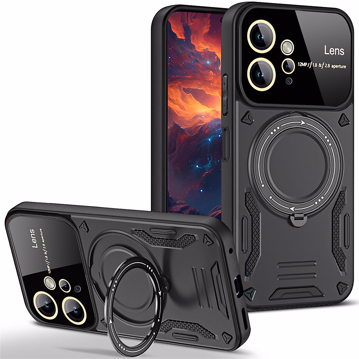 Ephoou Case for Xiaomi Redmi Note 12 4G with Ring Kickstand, Lens All-Inclusive Protection New Large Window Shockproof Anti-Scratch Armor Cover Case for Xiaomi Redmi Note 12 4G YD-Black