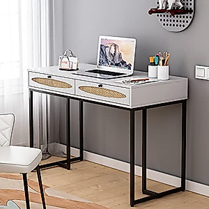 vistavie Simple Modern Computer Desk with Drawers, Laptop Table White Desks with 2 Storage Space Writing Study Workstation for Home Office, Makeup Vanity Table Bedroom, Living Room