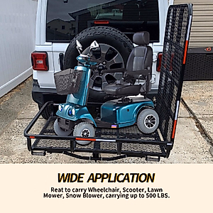 ECOTRIC Hitch Mount Wheelchair Carrier with Mobility Ramp for Wheelchair Scooter Lawn Mower Snow Blower Hauler 500lb Capacity Basket-Style