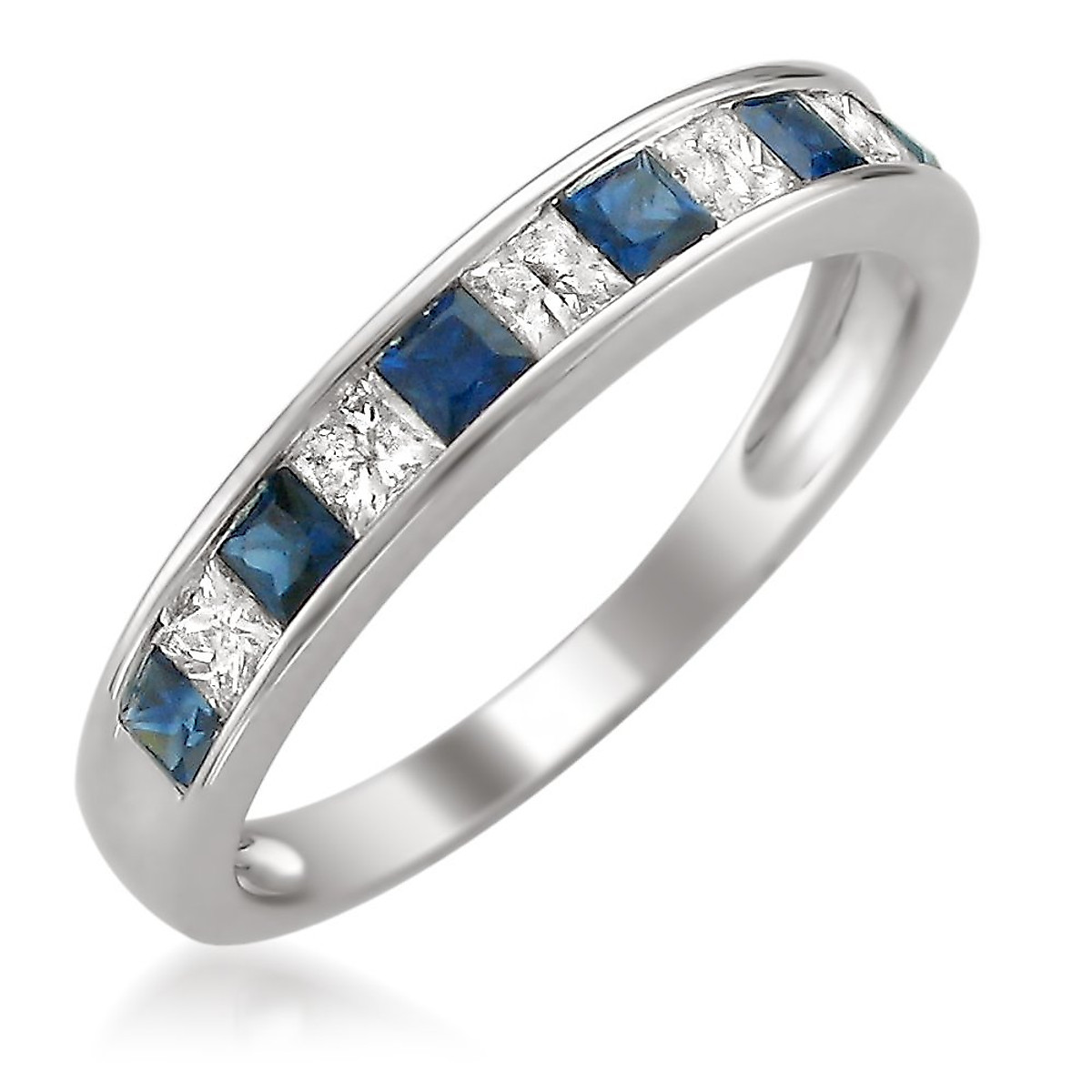 Beyond Brilliance 0.61 Carat Channel Set Princess Cut Diamond & Blue Sapphire Wedding Band Ring in 14K White Gold (H-I, I1-I2)