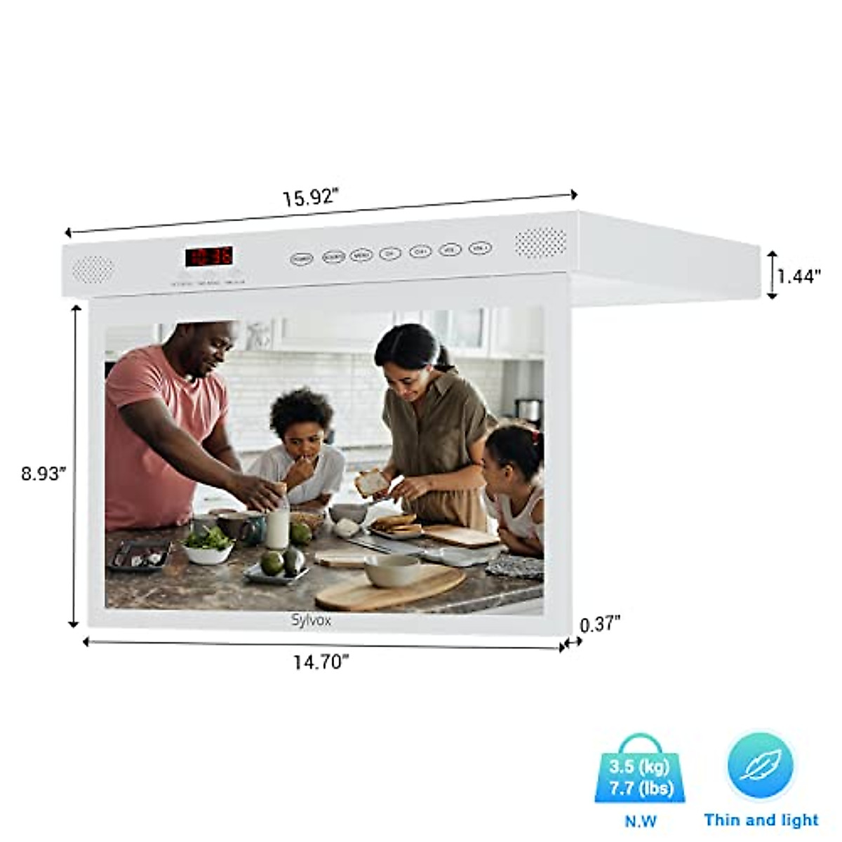 SYLVOX 15.6" Kitchen Smart TV Flap Down Screen TV Google TV Supports LED Clock Alarm Clock WiFi & Wireless Connection, Storage Design, can be Installed in The Bottom of The Cabinet (KT16A0KGGA)