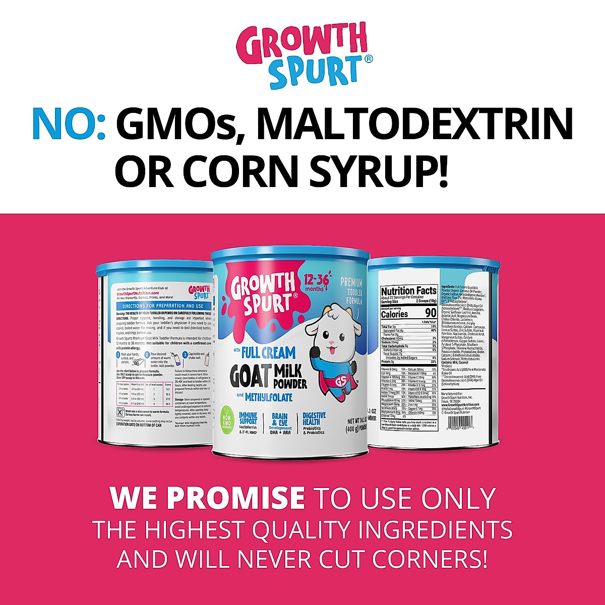 Growth Spurt Goat Milk Toddler Formula – Powdered Goat's Milk Toddler Formula – Lactoferrin, 2'-FL HMO, Prebiotics, Probiotics, Iron, DHA & ARA, Immune Support, Non GMO Infant Baby (12 Pack)