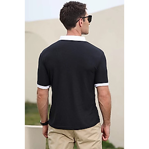 Rela Bota Men's Short Sleeve Polo Shirts Fashion Zipper Polos Casual Slim Fit T-Shirt Black with White 2XL