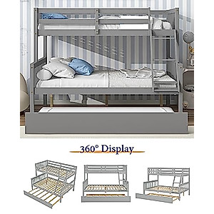 Tatub Twin Over Full Bunk Bed with Trundle, Solid Pine Wood Frame and Ladder with Guard Rails for Kids, Teens, Boys and Girls, No Box Spring Needed, Bunk Bed Grey