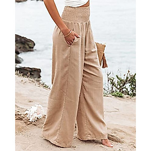Vansha Women Summer High Waisted Cotton Linen Palazzo Pants Wide Leg Long Lounge Pant Trousers with Pocket Khaki S