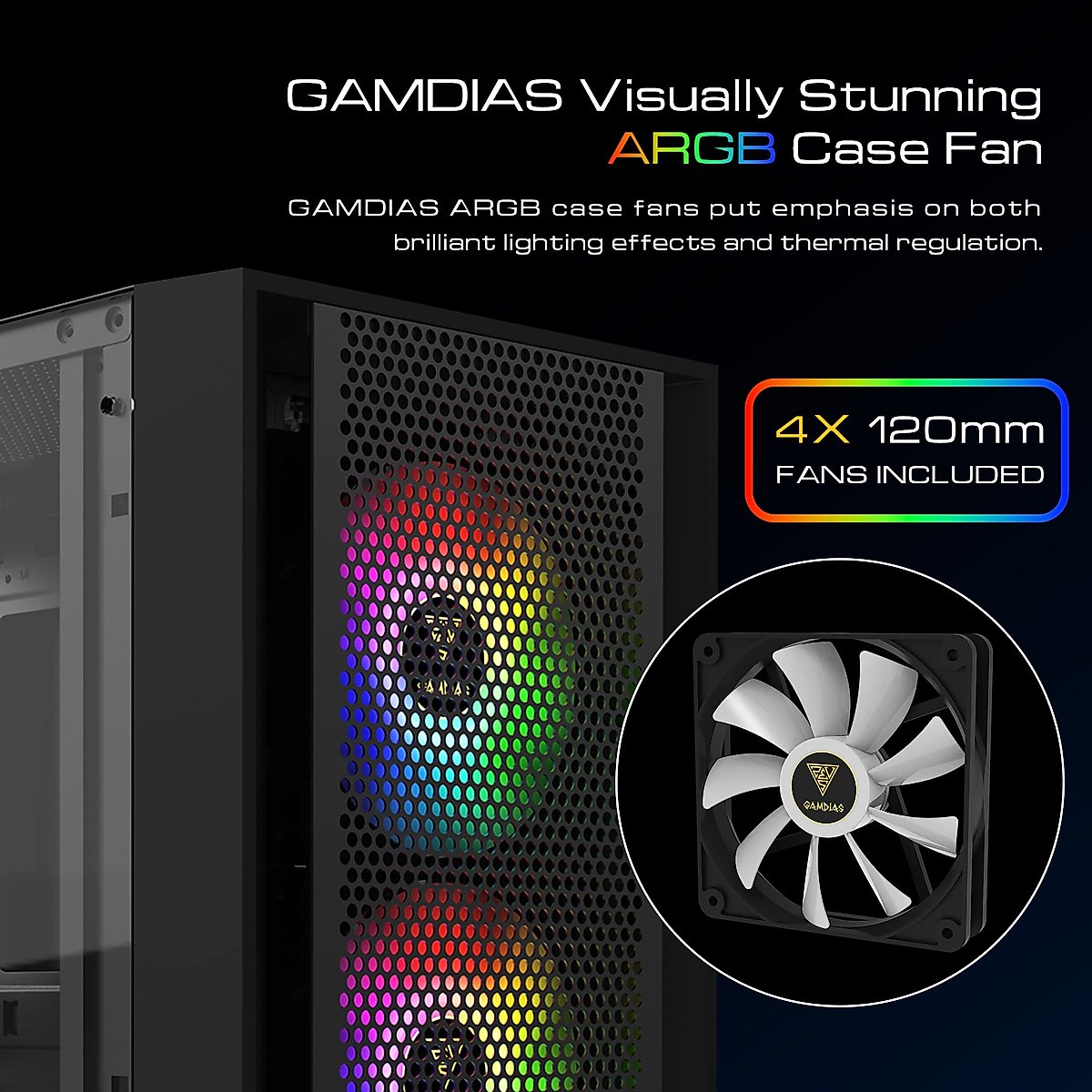 GAMDIAS ATX Mid Tower Gaming Computer PC Case with Side Tempered Glass, 4X 120mm ARGB Case Fans and Sync with 5V RGB Motherboard and Excellent Airflow