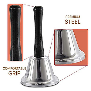[2 Pack] Silver Steel Call Bells with Handle - Hand Bell Ring, Bed Alarm Elderly Assistance, School Teacher Classroom Doorbell, Office Reception Desk Restaurant Counter Tea Table Ringer Instrument