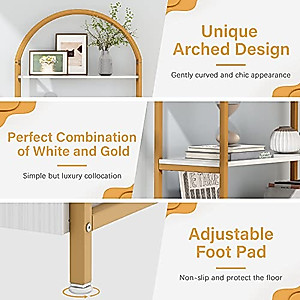 Jehiatek Gold Bookshelf, Arched Bookcase with Doors Storage, 71" Tall Industrial Book Shelf with Sturdy Metal Frame, E1 Quality Boards, Freestanding Display Shelving Unit, White and Gold