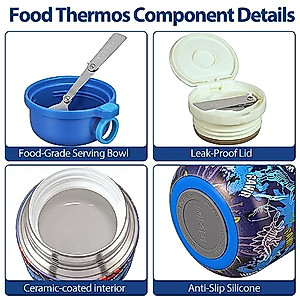 Healthlif 10oz Kids Soup Thermos for Hot Food Insulated Food Jar,Ceramic Coating Thermos Hot Food Lunch Container, Width Mouth Stainless Steel Lunch Box with Spoon(Blue Dino)