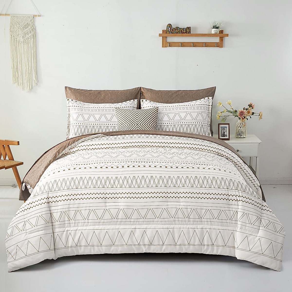 WONGS BEDDING 7 Pieces Brown Comforter Set Full Size,Boho Bed in a Bag Geometric Stripe Comforter Reversible Soft Microfiber Bedding Set with Pillowcases & Shams,Flat Sheet,Fitted Sheet