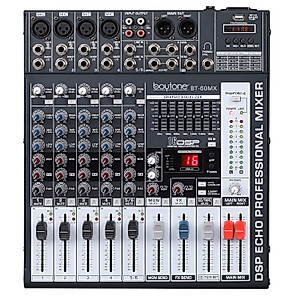 Boytone BT-60MX, 6 Channel Bluetooth Audio Mixer - DJ Sound Controller, USB MP3 Player, 4 XLR Microphone Jack, 7 Band EQ, 16 DSP Digital Multi Effects Processor, RCA IN-OUT Jack, 48V Phantom Power